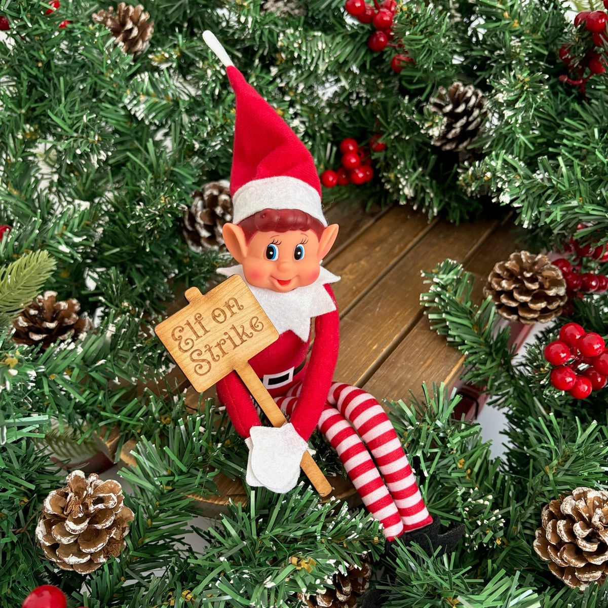 Elf on Strike Wooden Sign – Porky Penguin