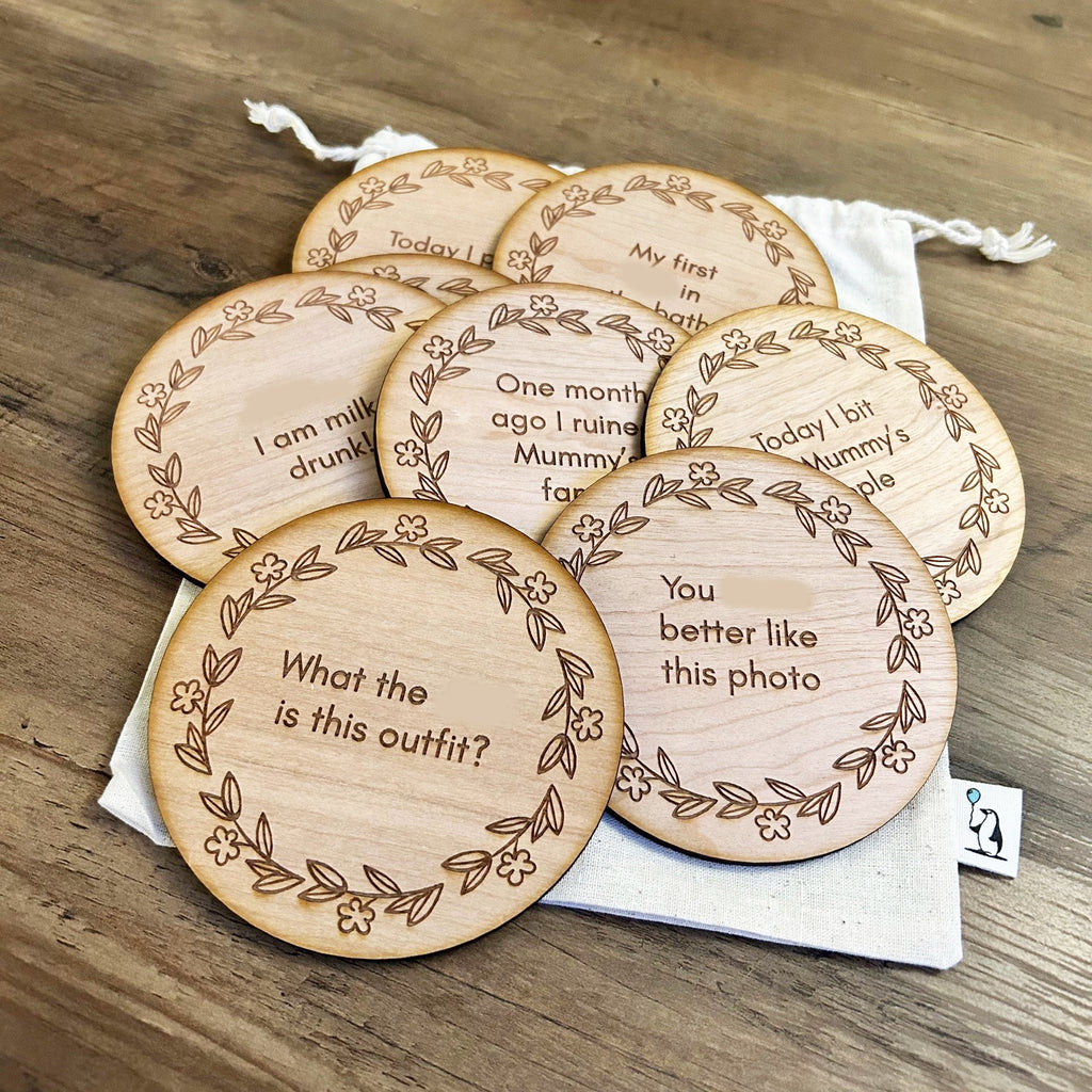 Wooden Funny/Sweary Baby Milestone Discs – Porky Penguin